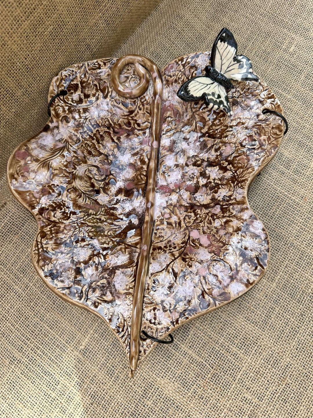 Handmade Hanging Pottery Butterfly/bird Feeder/waterer With White ...