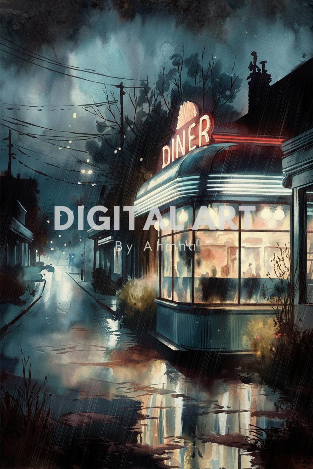 Moody Diner Art Print | Night Rain Scene | Printable Digital Download ...