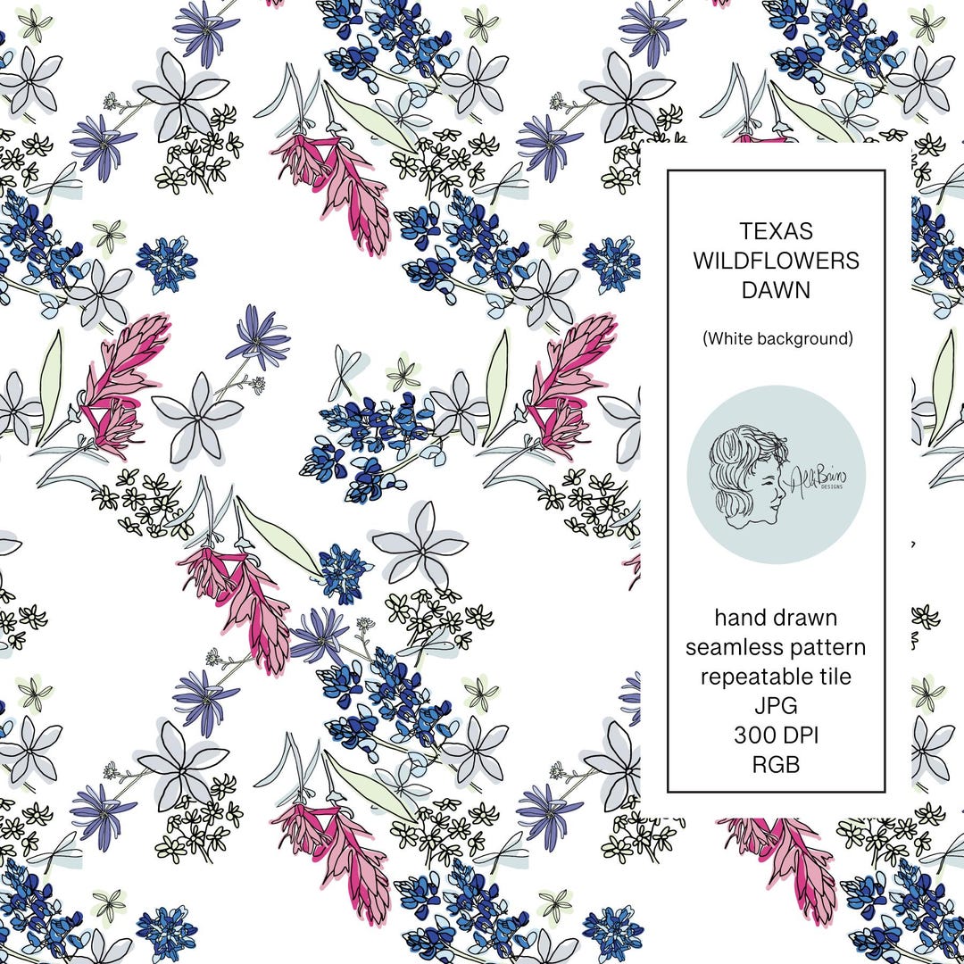 Texas Wildflowers, Dawn, Seamless Pattern Design, White Background ...