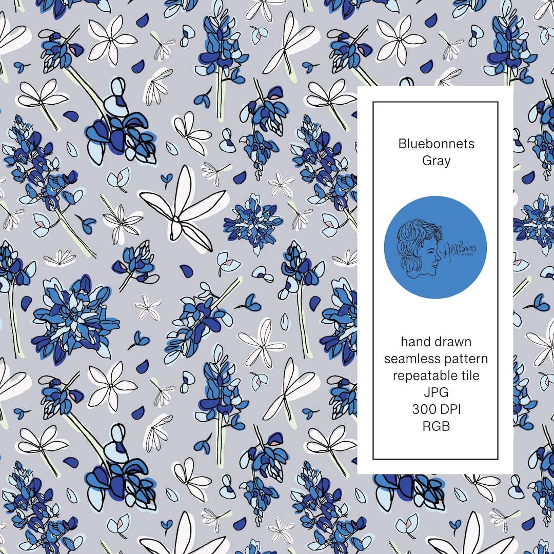 Texas Bluebonnets, Gray, Seamless Pattern Design, Lupine, Blue, White ...