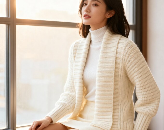 Angora Wool Cropped Cardigan, Shawl Collar Soft Knit Cardigan, Single ...