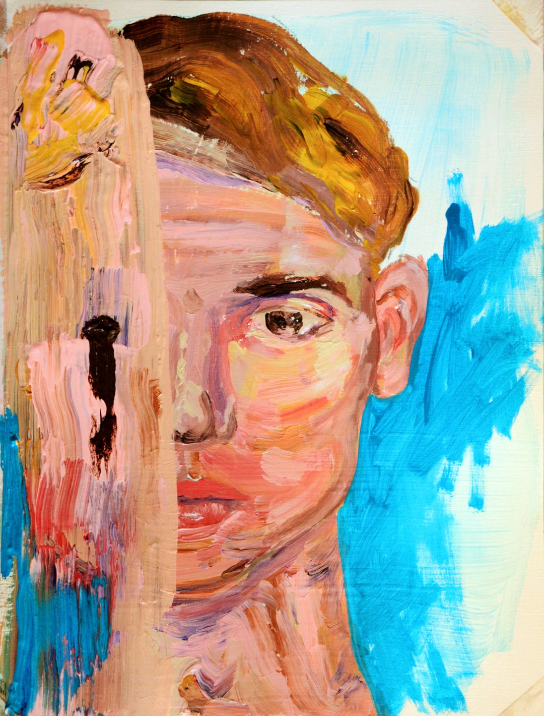 Original Painting Pink Boy Face Portrait Young Man 12" X 16" by Derek ...
