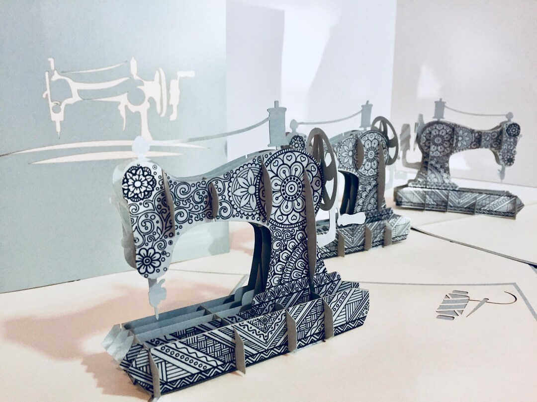Silver Grey Vintage Sewing Machine Happy Birthday 3D Pop up Greeting ...