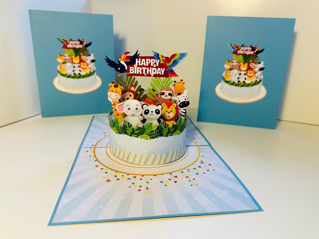 Happy Birthday Cake Safari Baby Jungle Party 3D Pop up Greeting Card ...