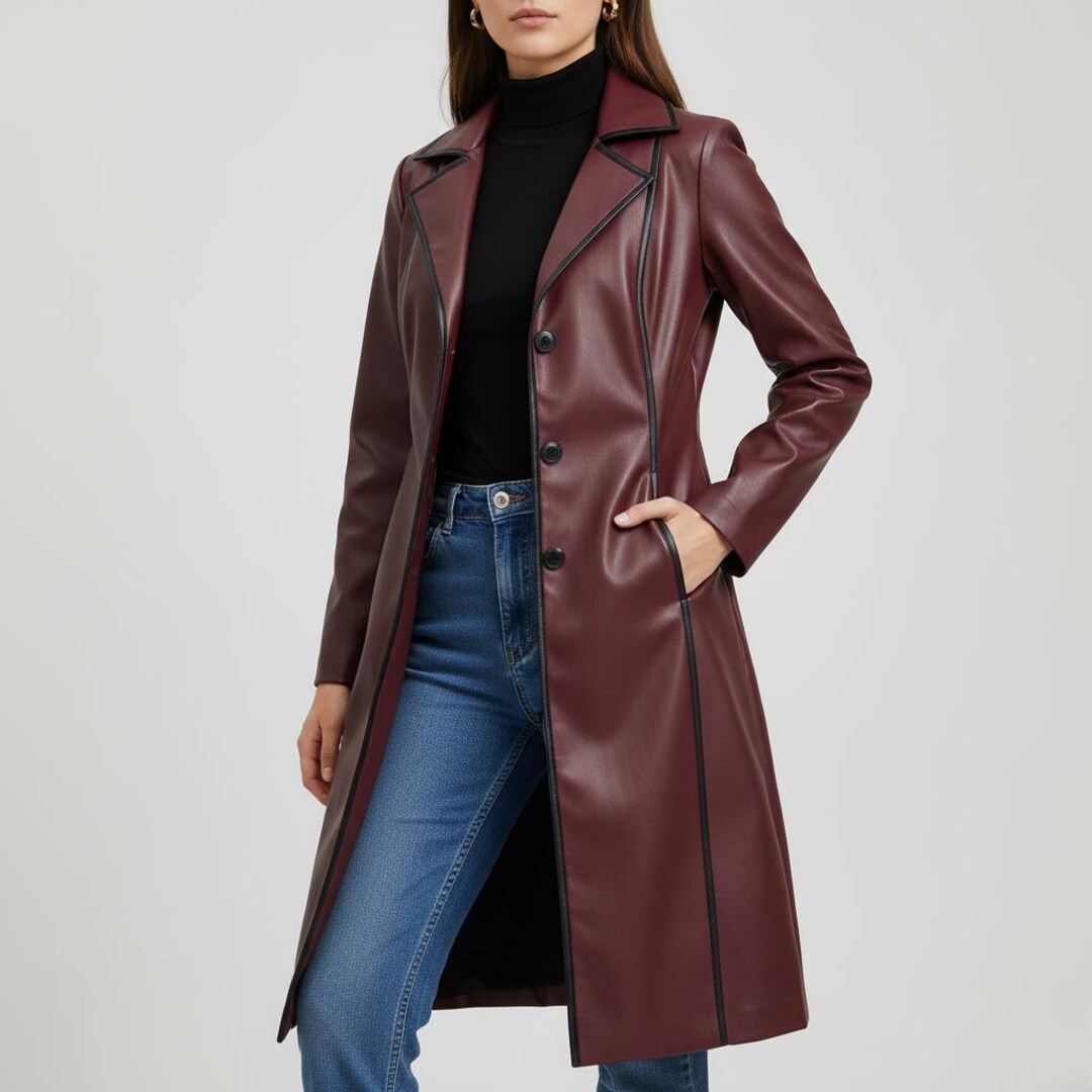 Women’s Burgundy Long Leather Trench Coat Slim Fit Jacket - Etsy
