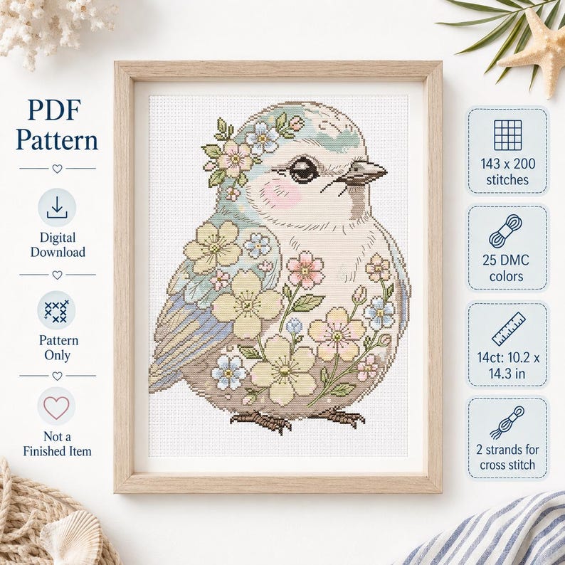 Bird Cross Stitch Pattern PDF, Floral Spring Chart Design - Etsy