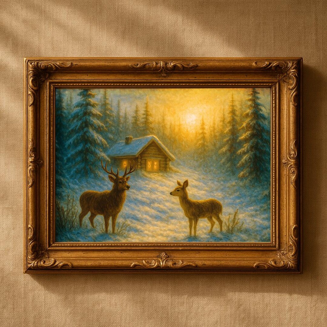 Cozy Forest Snow Scene Print - Winter Deer by the Cabin - Etsy