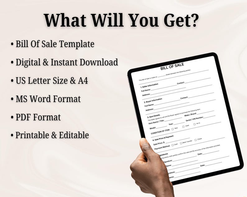 Editable Bill of Sale Template, Car Sale Form, Sale Agreement, MS Word ...
