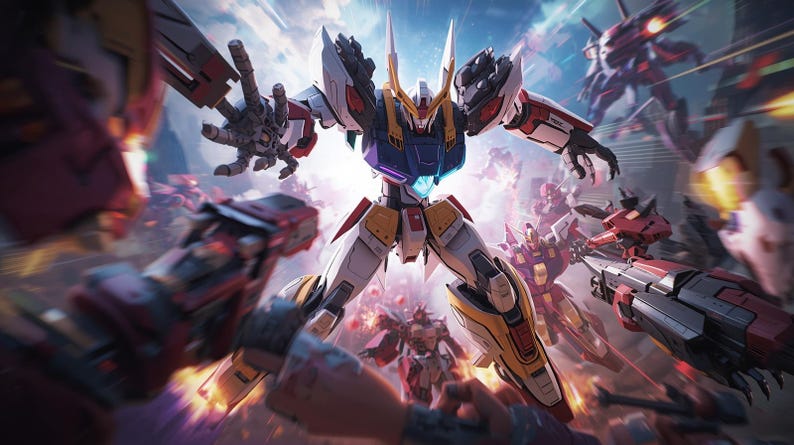 3D Anime Robot Fight Wallpaper: Epic Mecha Battle Scene (digital ...