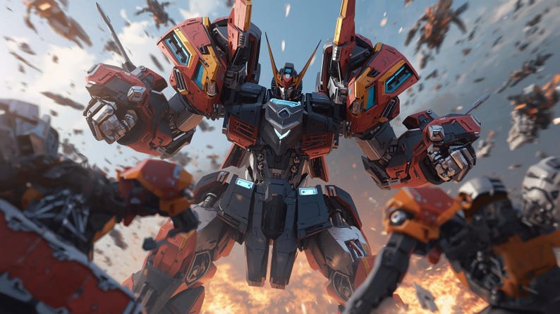 3D Anime Robot Fight Wallpaper: Epic Mecha Battle Scene (digital ...
