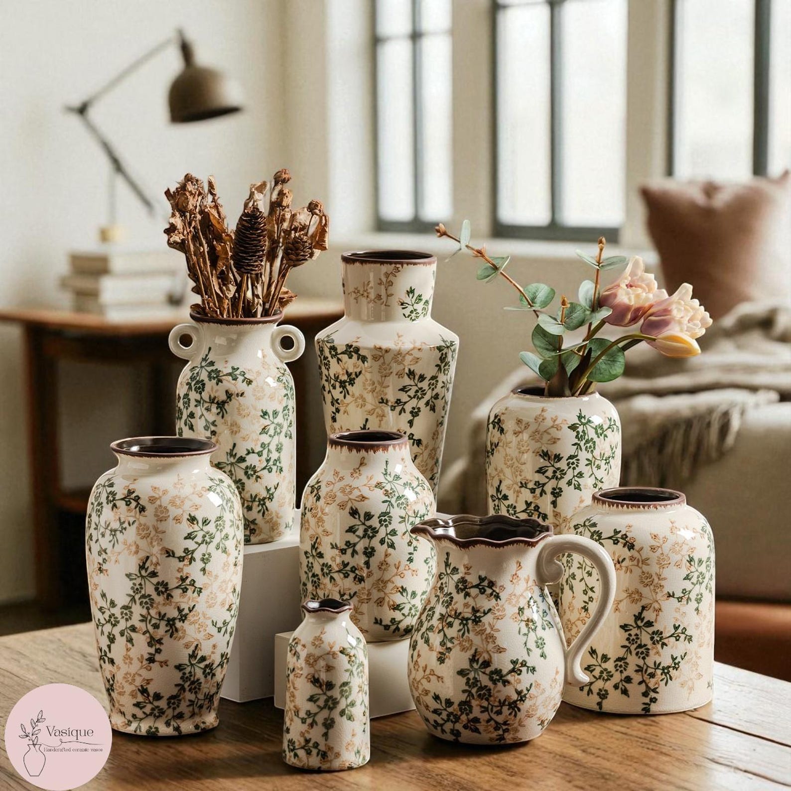 Vintage Floral Porcelain Vase | Handcrafted Green & Gold Ceramic Vase ...