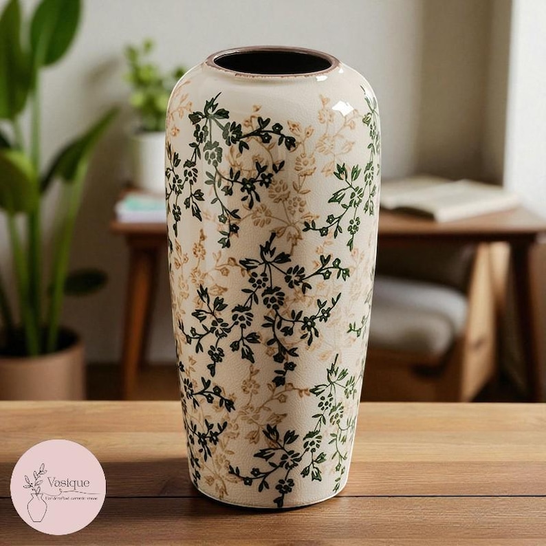 Vintage Floral Porcelain Vase | Handcrafted Green & Gold Ceramic Vase ...