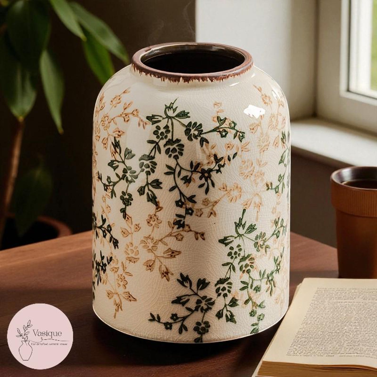 Vintage Floral Porcelain Vase | Handcrafted Green & Gold Ceramic Vase ...