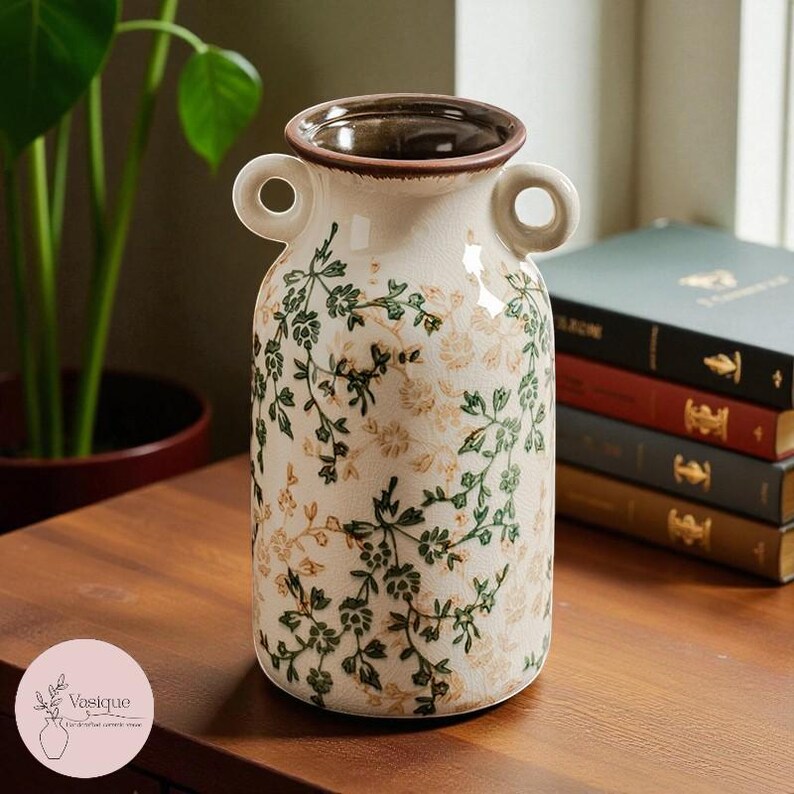 Vintage Floral Porcelain Vase | Handcrafted Green & Gold Ceramic Vase ...