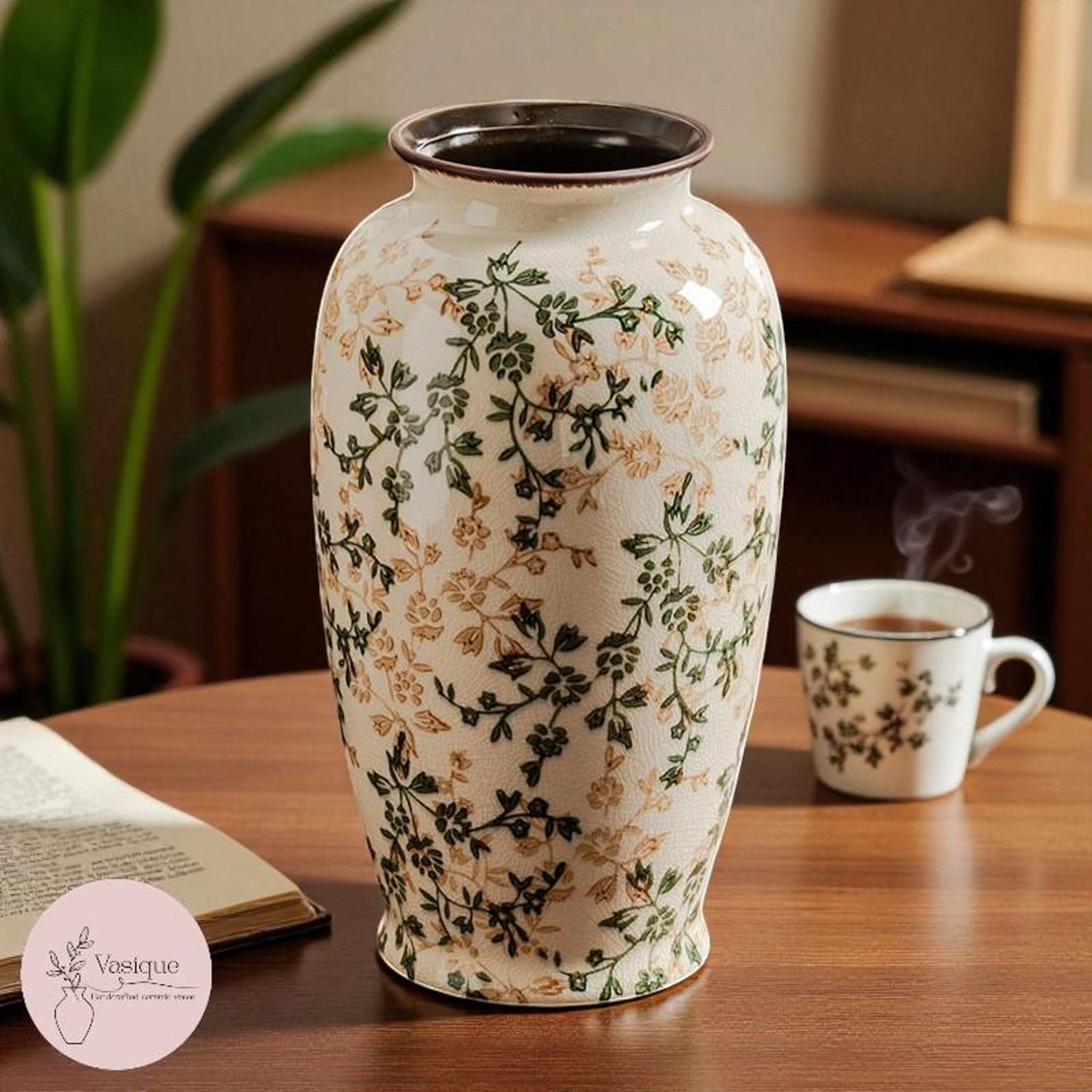 Vintage Floral Porcelain Vase | Handcrafted Green & Gold Ceramic Vase ...