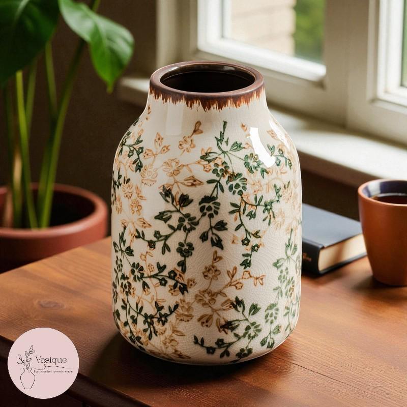Vintage Floral Porcelain Vase | Handcrafted Green & Gold Ceramic Vase ...