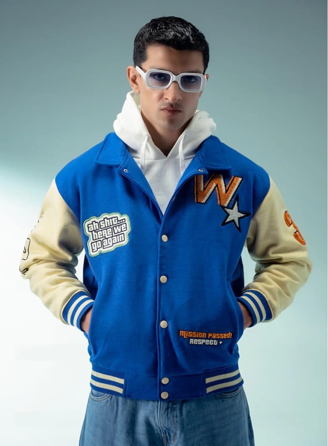 Y2K Blue Letterman Jacket, San Andreas Patch Varsity Bomber, Vintage ...