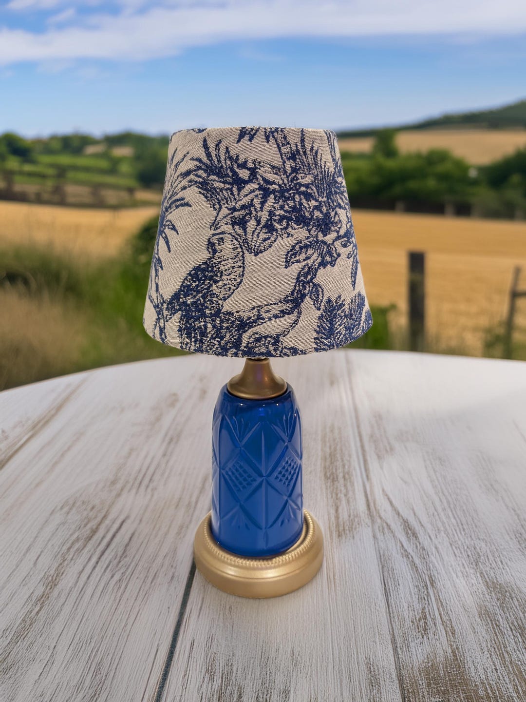 Toile Bird Shade Lamp | Blue Base Accent Lamp | Cottagecore Table Light ...