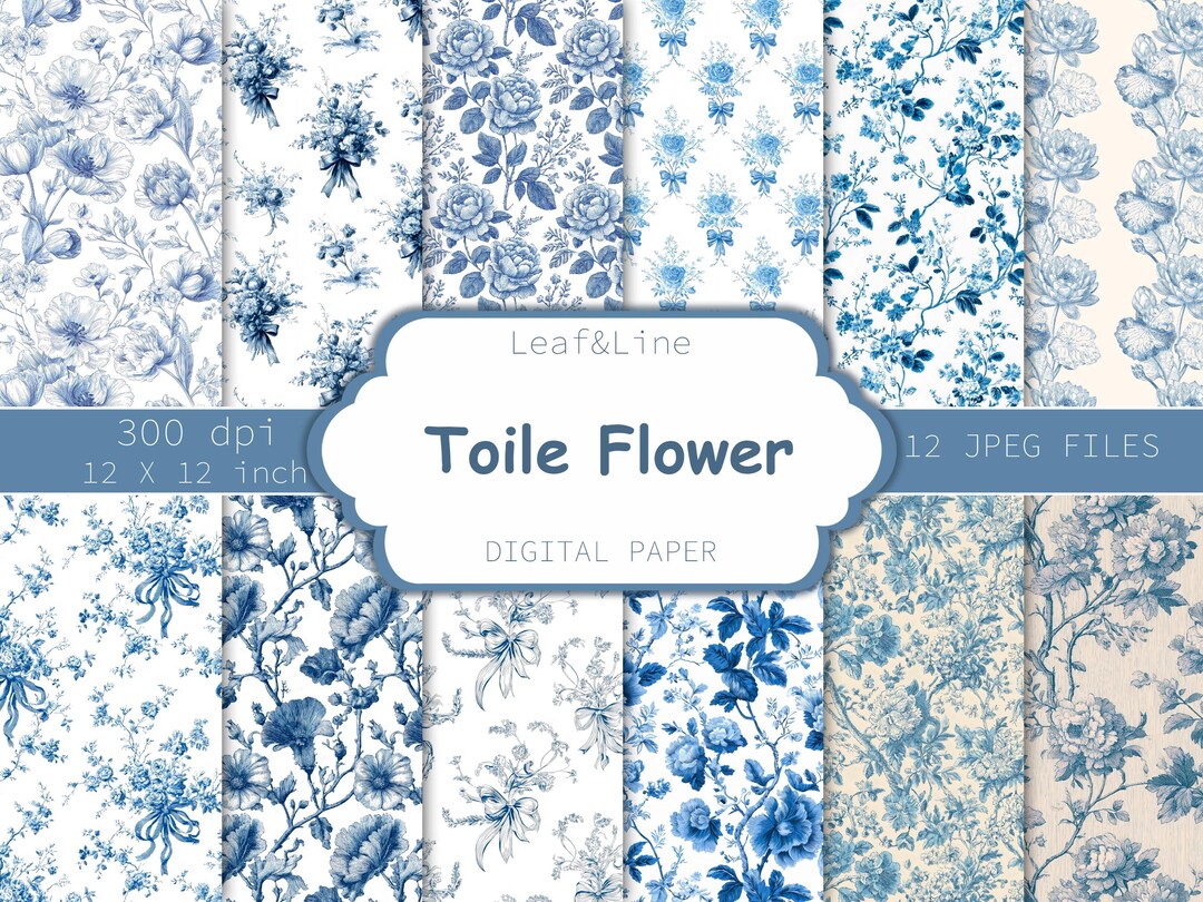 Blue Toile Digital Paper, French Country Floral, Vintage Chinoiserie ...