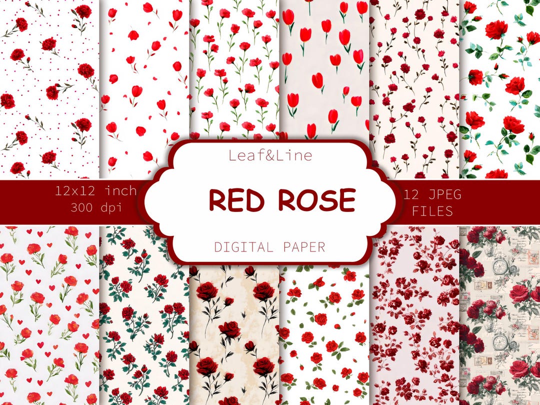 Red Rose Digital Paper, Dark Moody Floral Pattern, Romantic Wedding ...