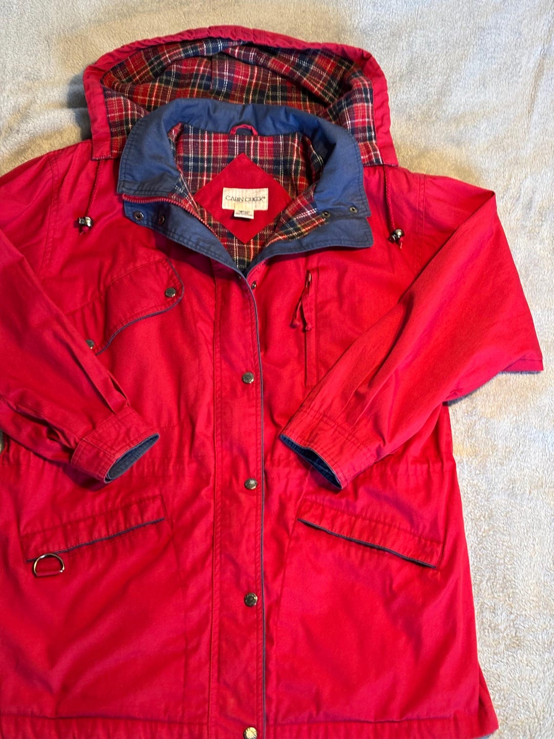Barn Red Chore Coat Cabin Creek Medium Plaid Lined Cinch Waist Extra ...
