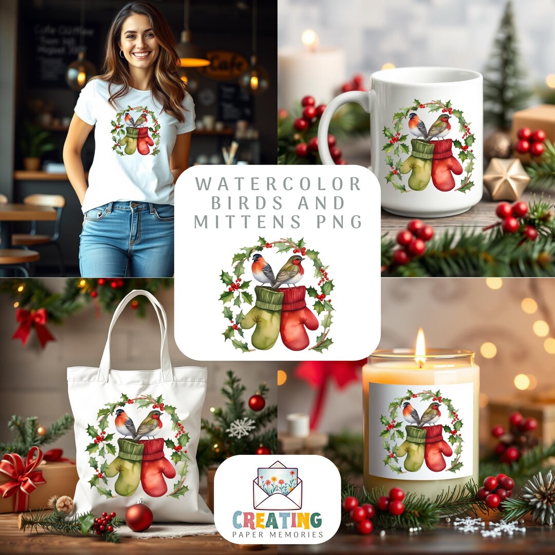 Watercolor Birds With Mittens Christmas PNG Clip Art Digital Download ...
