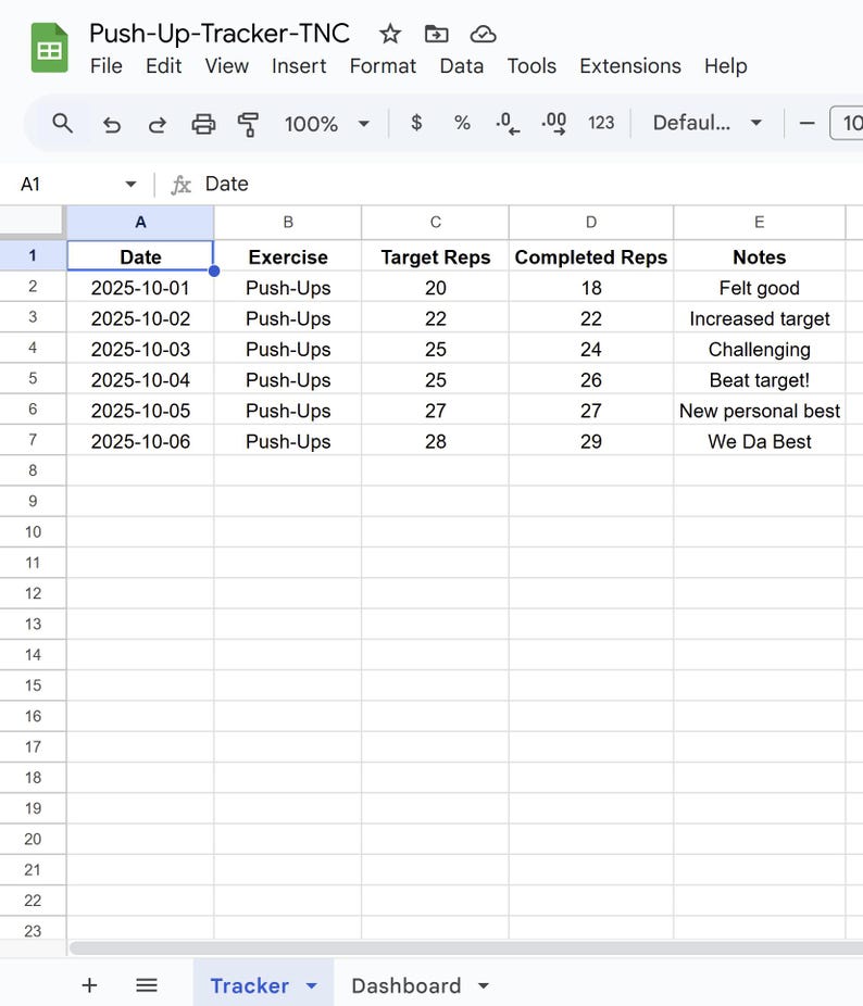 Push-up Tracker | Google Sheets & Printable | Fitness Progress Template ...