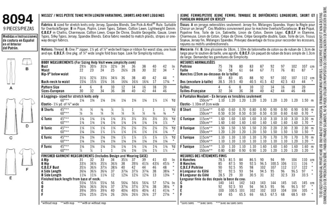 Simplicity 8094 Sewing Pattern, Top or Tunic With Variations. Sizes 4 ...