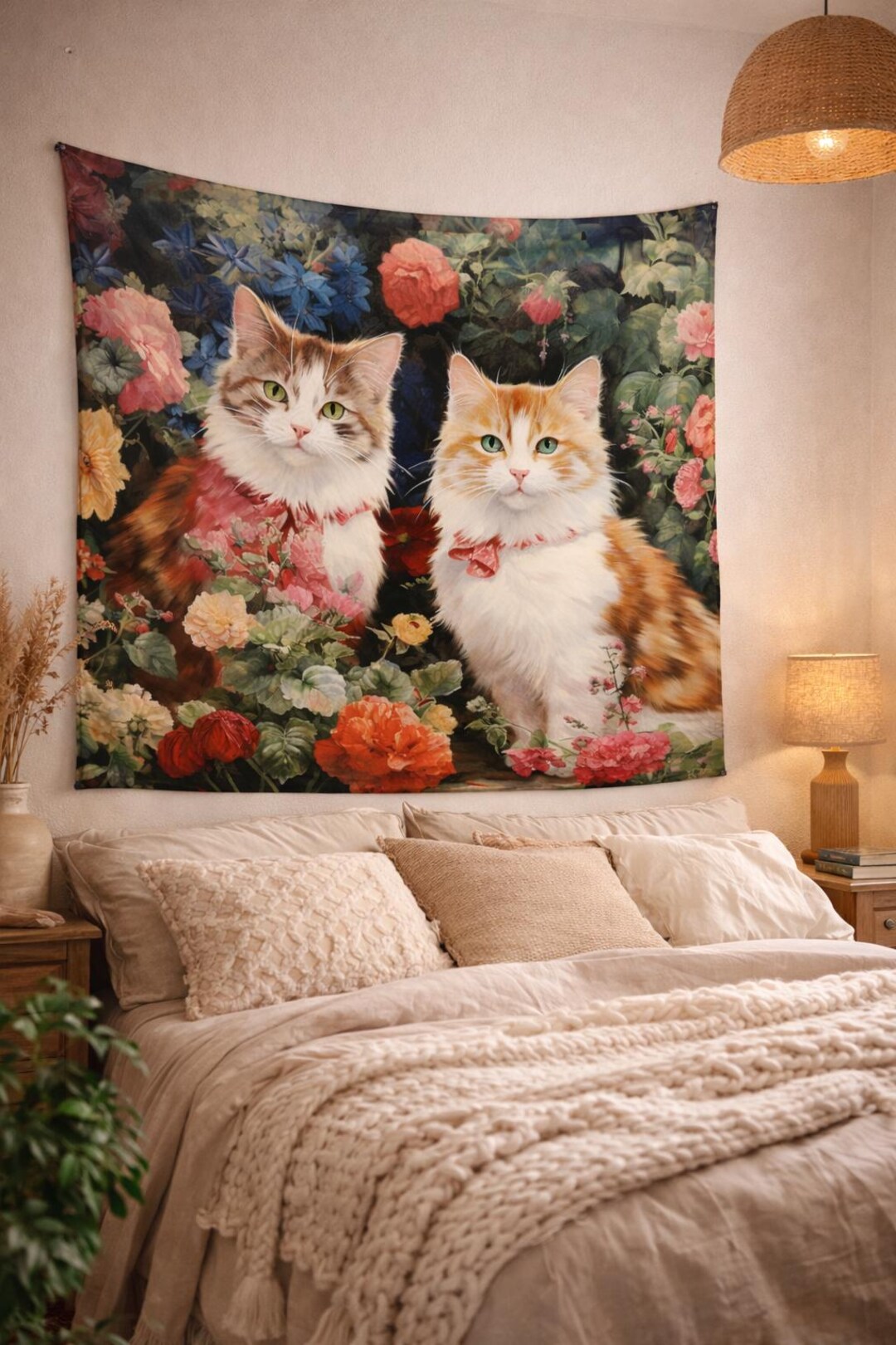 Feline Blooms Wall Tapestry, Charming Cat Botanical Garden Art ...