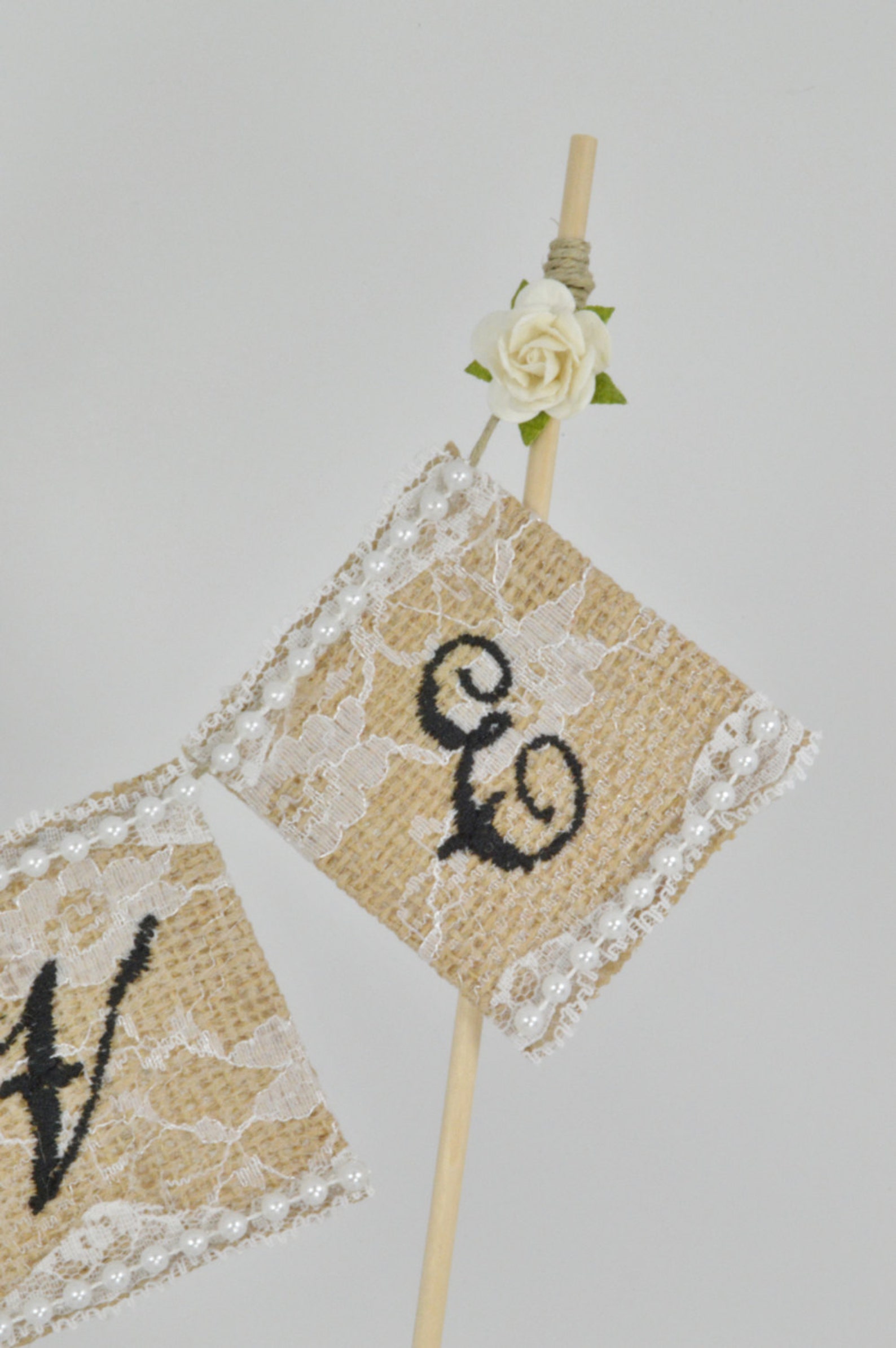 Burlap and Lace Embroidered Cake Topper | Etsy