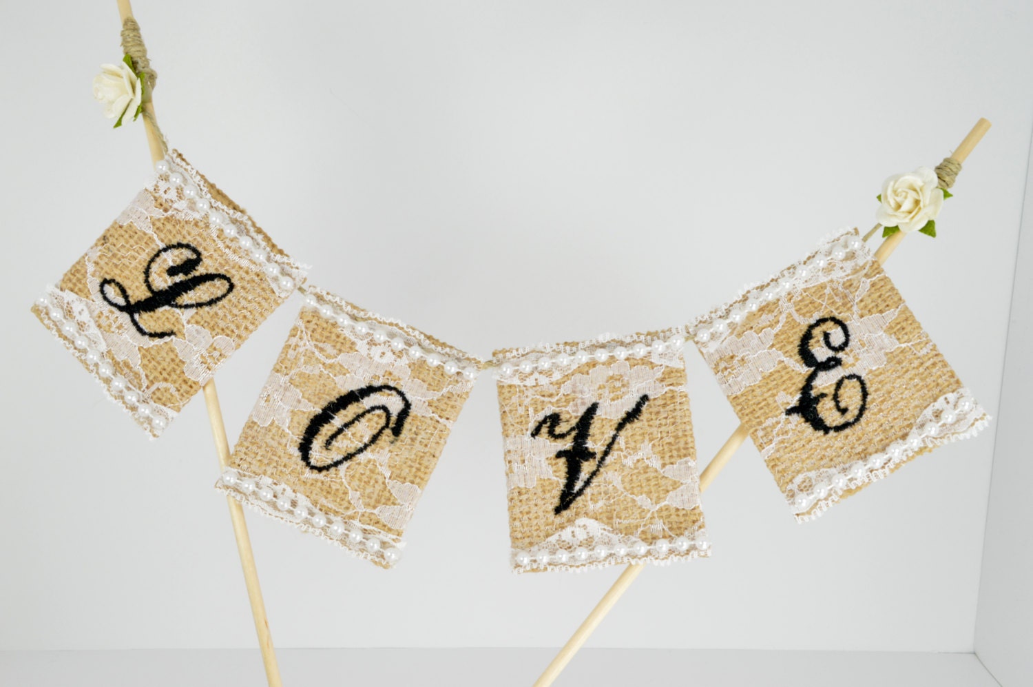 Burlap and Lace Embroidered Cake Topper - Etsy
