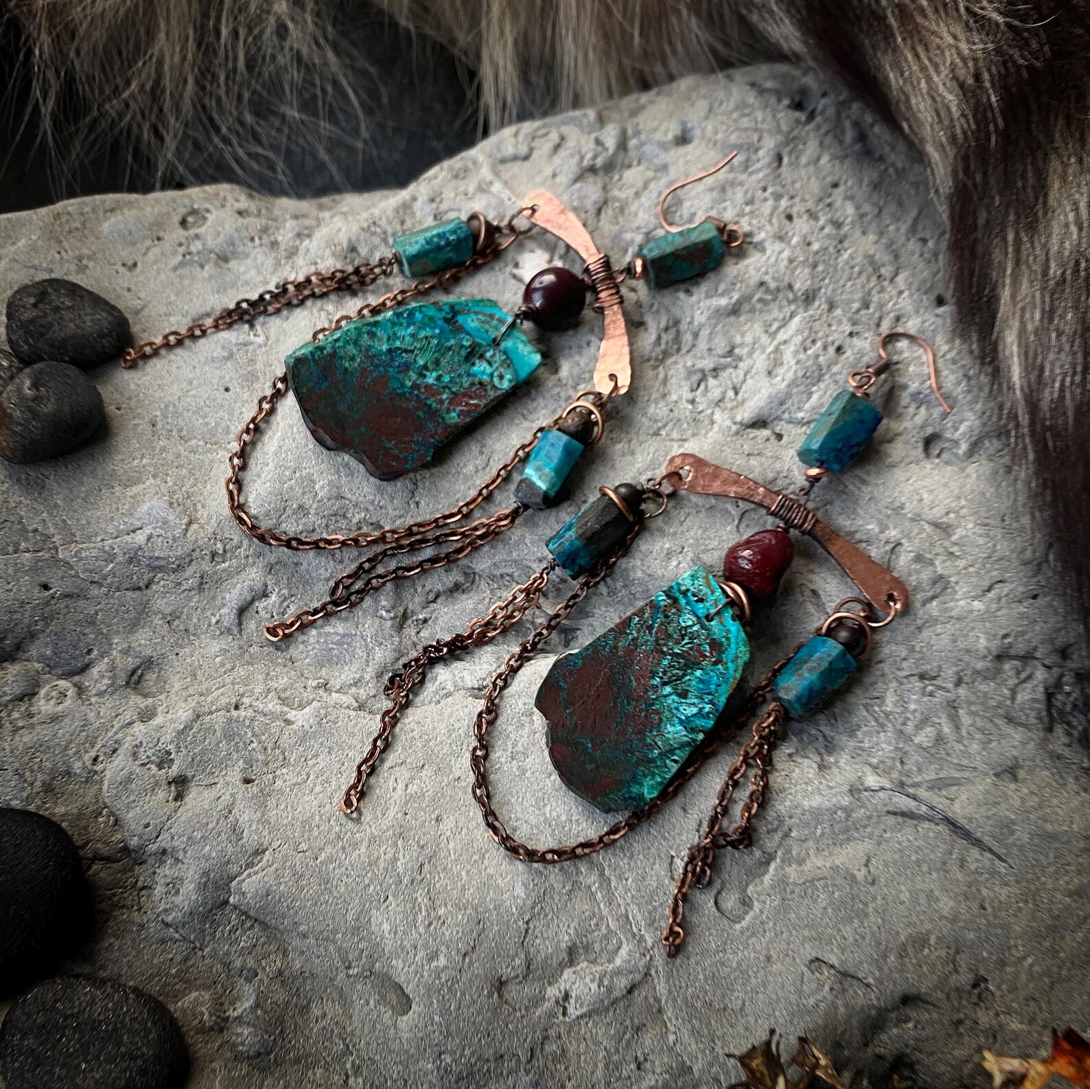 Chrysocolla Slabs Long Dangle Earrings: Mookaite, Handmade Copper ...