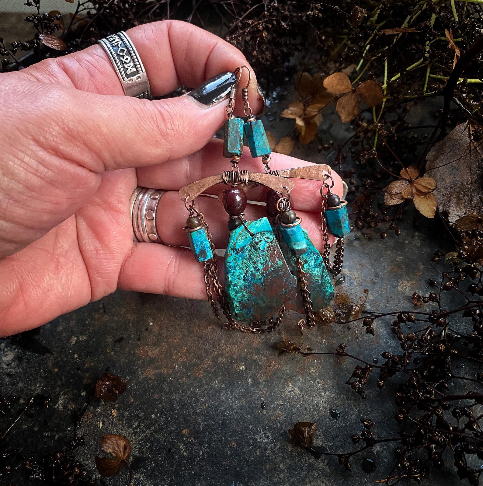 Chrysocolla Slabs Long Dangle Earrings: Mookaite, Handmade Copper ...