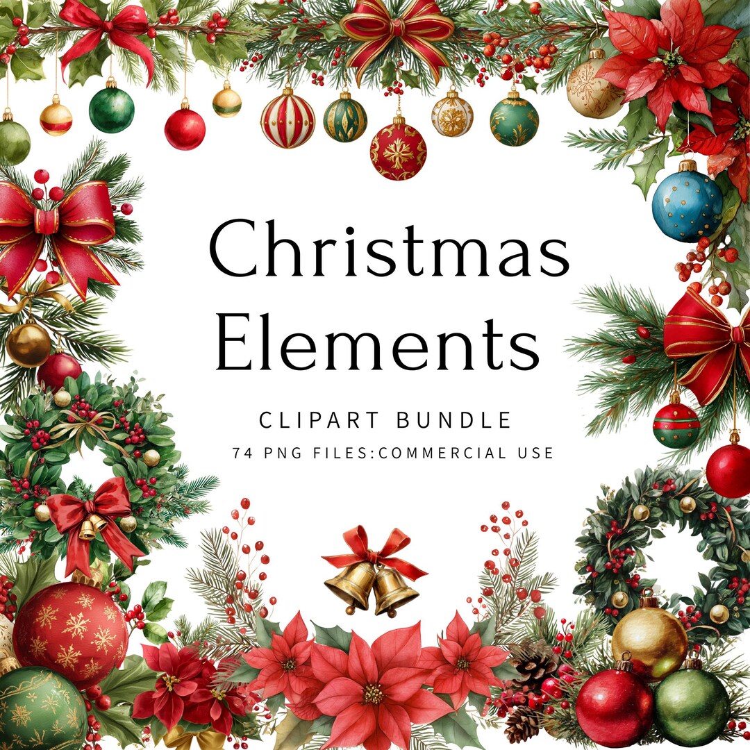 Christmas Watercolor Clipart Set | 74 PNG Elements | Ornaments ...