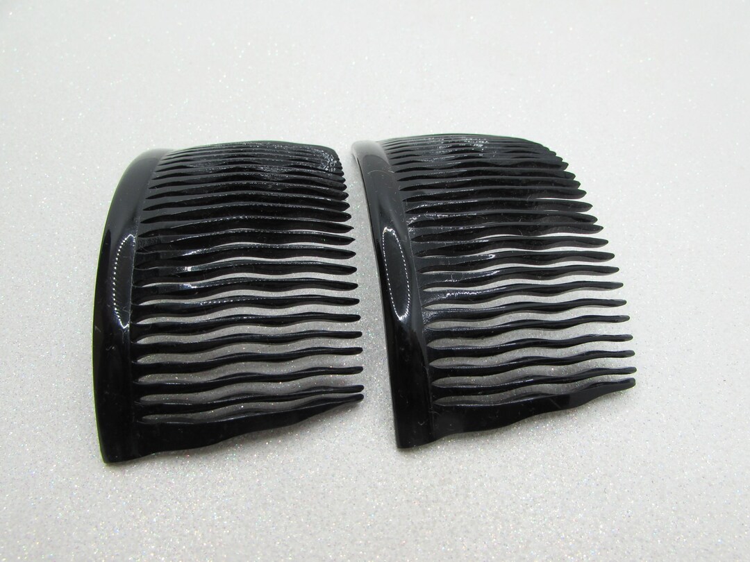 RARE Vintage FRENCH Black Hair Comb Set- 3" Long Simple Plastic Side ...