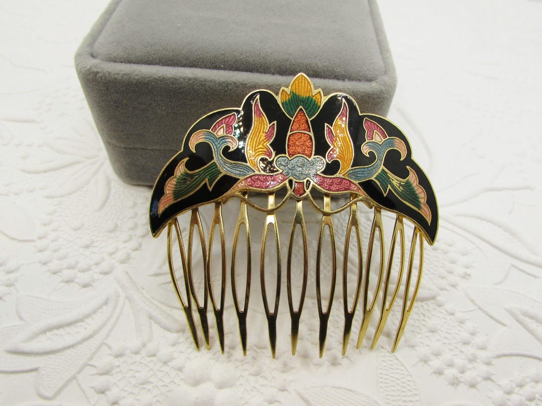 Vintage Chinese Cloisonne Enamel Butterfly Hair Comb- Black & Colorful ...