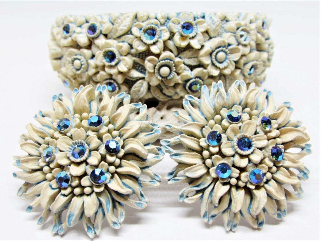Vintage 1940s Carved Celluloid Plastic Jewelry Set- Blue Rhinestones ...