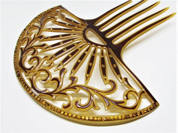 Antique Victorian Large Floral Hair Comb, Amber Brown… - Gem