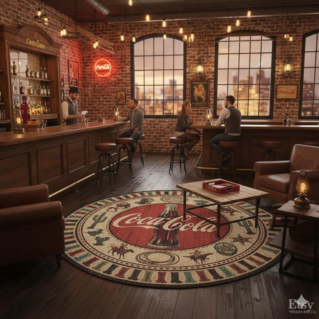 3D Printed Round Cotton Rug: Vintage Coca Cola Western Bar Decor, Area ...