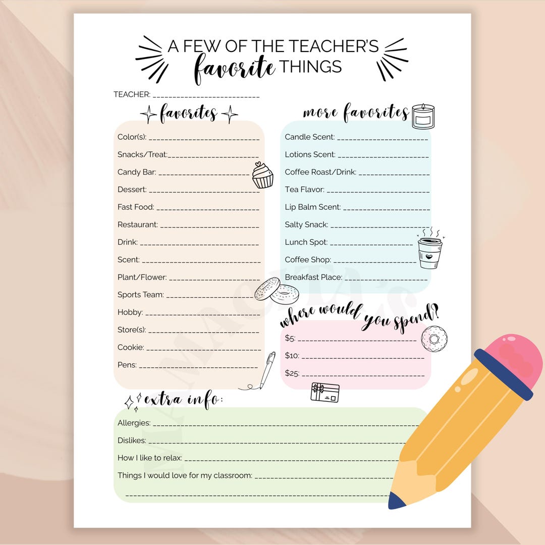 Teacher Favorite Things Printable | Teacher Appreciation | Classroom ...