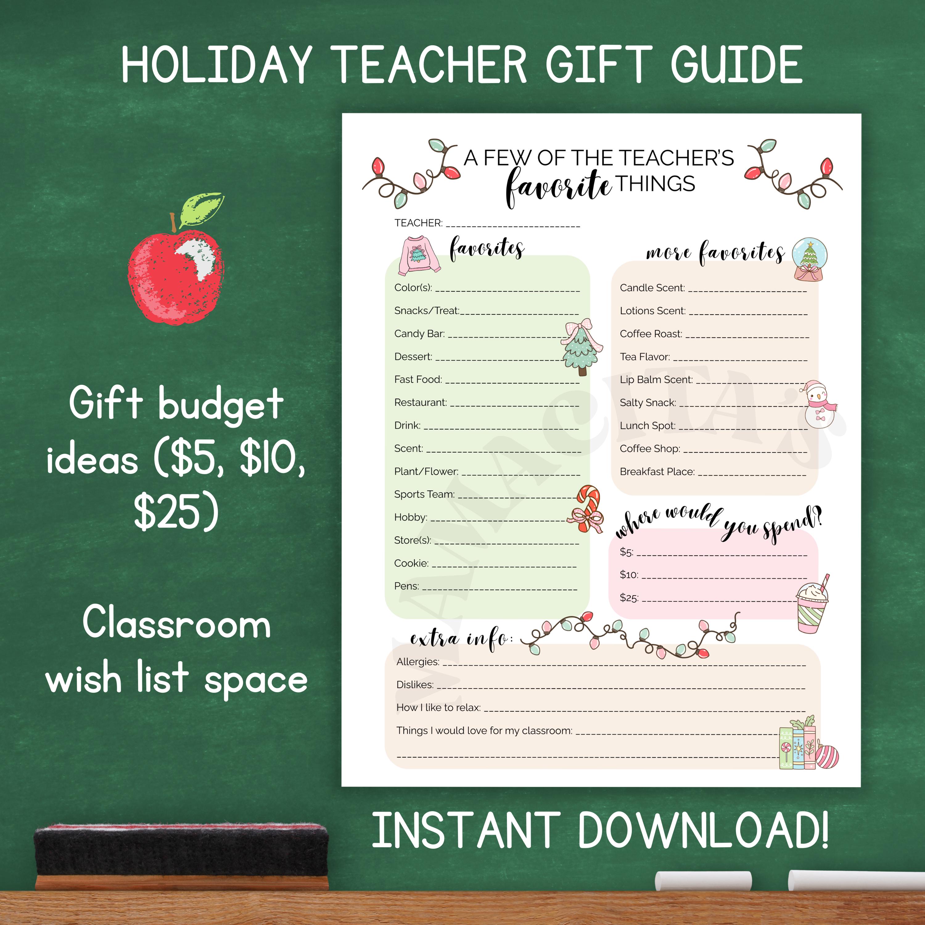 Teacher Favorite Things Christmas Printable | Teacher Gift Idea ...