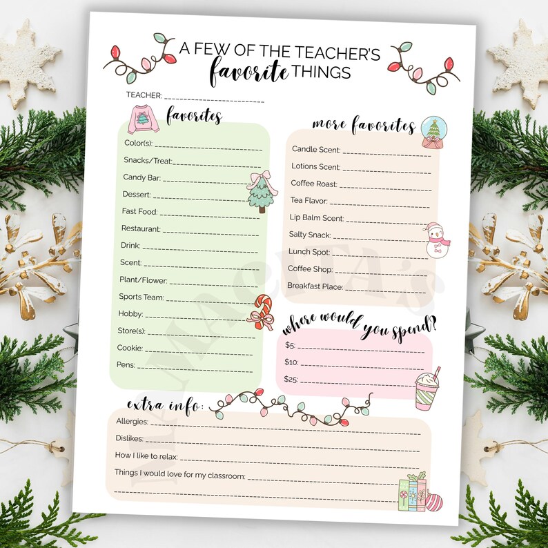 Teacher Favorite Things Christmas Printable | Teacher Gift Idea ...