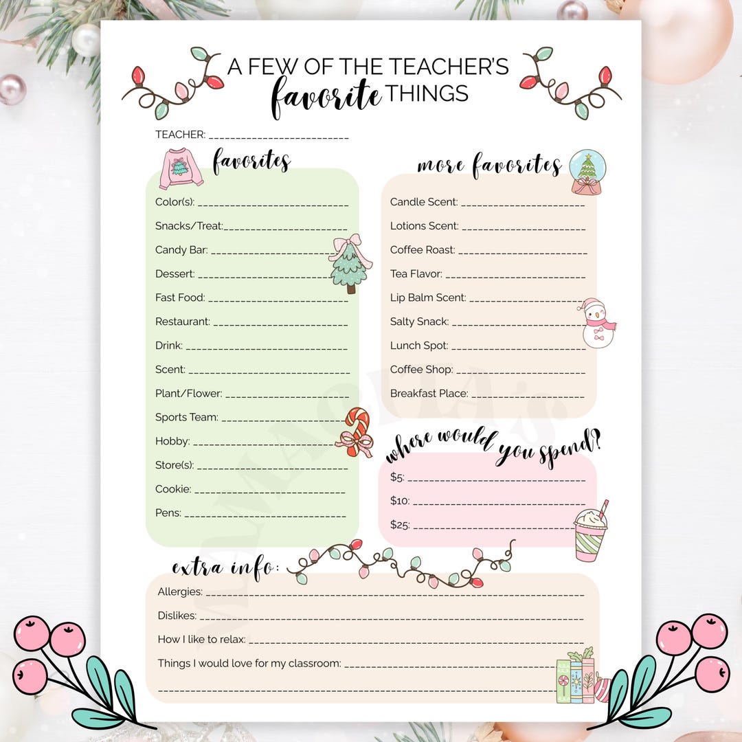 Teacher Favorite Things Christmas Printable | Teacher Gift Idea ...