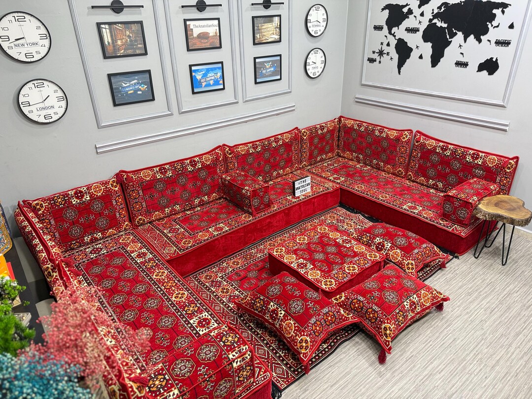 U Shape Red Ethnic Majlis Group Couch, Handmade Arabic Corner Seating ...
