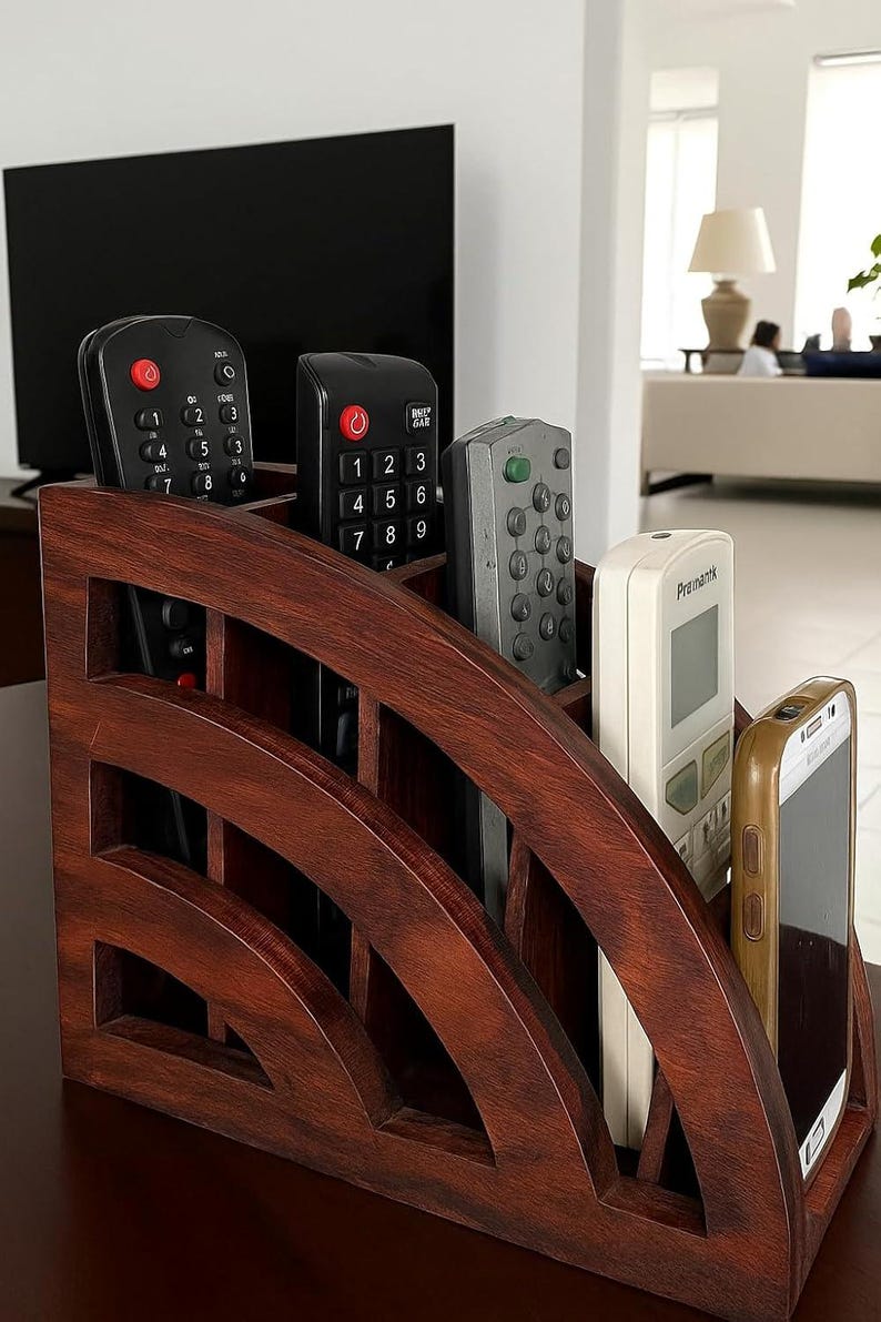 4 Slot Wooden Remote Organizer Rose Wood Desk Caddy | Woodencrest - Etsy