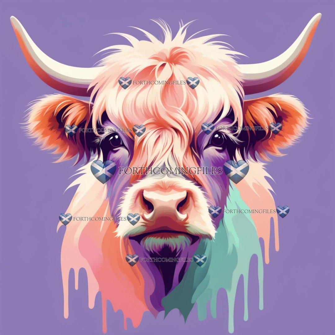 Highland Cow Portrait Art Print - Rainbow Drip Paint (digital Download ...