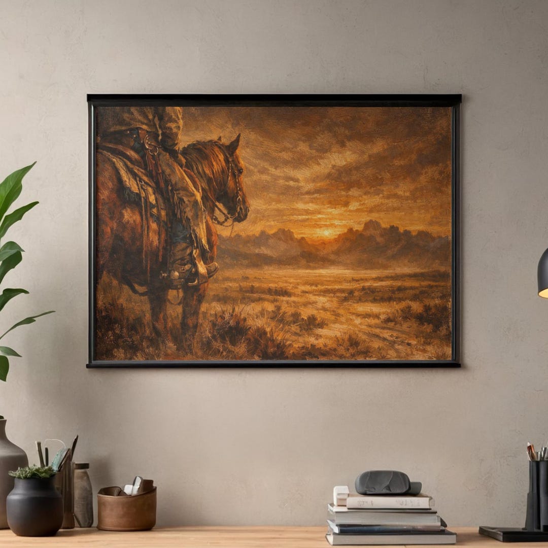 Vintage Cowboy Print | Sunset Western Landscape Oil Painting ...
