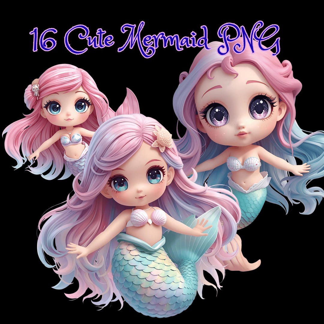 24 Cute Mermaid Clipart PNG Bundle – 16 Mermaids + 8 Bonus Sea Elements ...