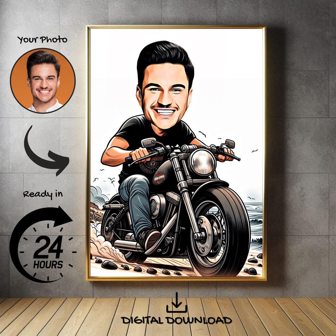 Custom Motorcyclist Cartoon From Photo, Motorcyclist Portrait Gift for ...