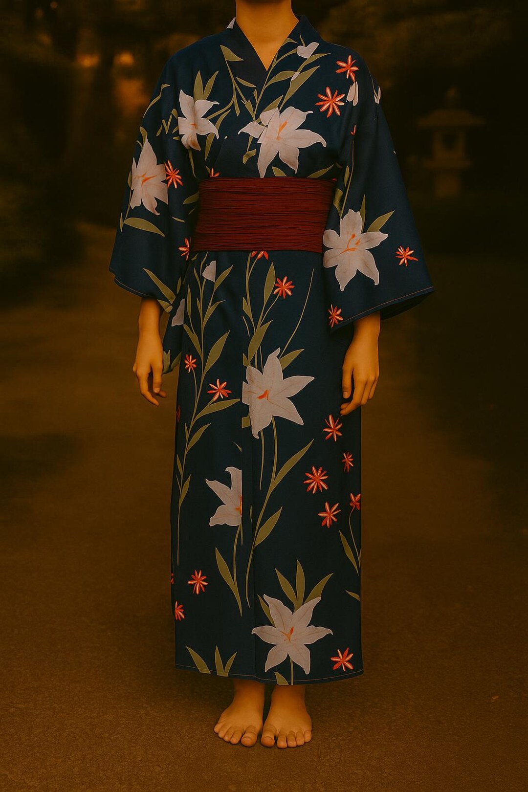 Navy Blue Floral Yukata | Cotton Japanese Kimono Dress | Elegant Long ...